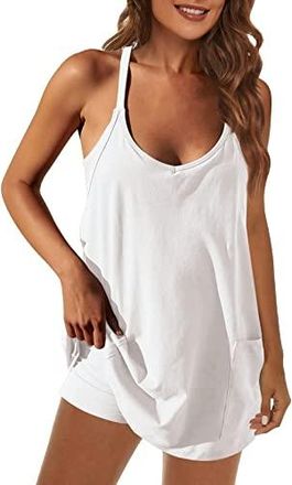 Generic Haut tube à couverture complète - Débardeurs avec poches - Tenue dété décontractée 2 pièces - Robe simple (blanc, taille L)