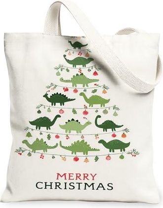 Generic Sacs fourre-tout en toile motif dinosaure de No&euml;l, sacs d&eacute;picerie r&eacute;utilisables, l&eacute;gers et lavables avec bandouli&egrave;re pour Tr, blanc, 13x15 Inch