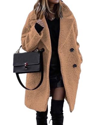 ORANDESIGNE Manteau dhiver Femme Duveteux Polaire Revers Manches Longues Bouton Chaud Fausse Fourrure V&ecirc;tements Dext&eacute;rieur Veste Sherpa Cardigan A Kaki L