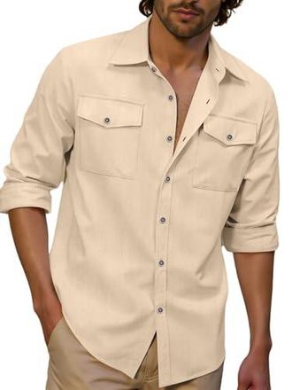 Generic Chemise de plage boutonn&eacute;e &agrave; manches longues en lin avec poches pour homme, abricot, XXL