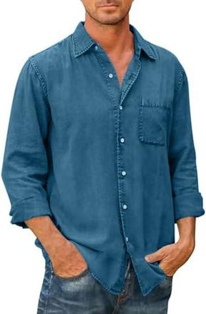 Onsoyours Chemise Jean Homme Manches Longues Chemise Décontractée Coton Chemises Hommes Couleur Unie Business Casual Bouton Shirts Regular Fit A Bleu XXL