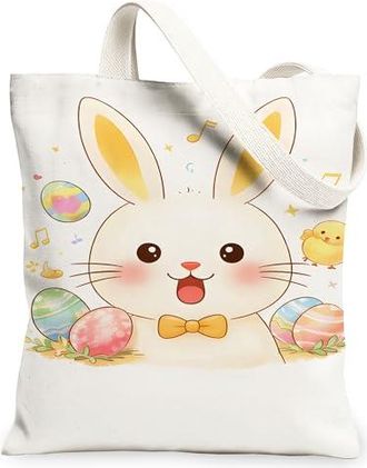 Generic Sac fourre-tout en toile motif lapin de P&acirc;ques, sac &agrave; provisions r&eacute;utilisable, l&eacute;ger et lavable avec bandouli&egrave;re, blanc, 13x15 Inch