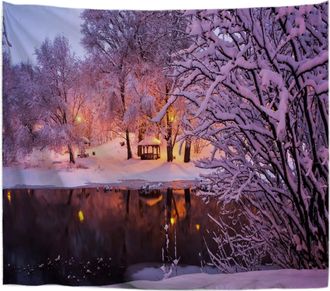 A.Monamour Wandteppiche Wanddekor Winter Schnee Park Fluss Bäume Wald Bei Nacht Naturlandschaft Bild Stoff Wandtuch Wandbehang Wandkunst Wandbilder für Schlafzim