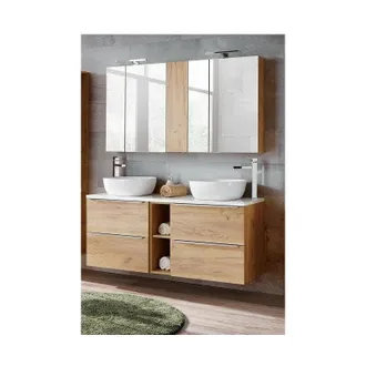 AC-D&eacute;co Ensemble meuble vasques &agrave; poser + Armoire miroir - 140 cm - Elise Oak - Livraison gratuite