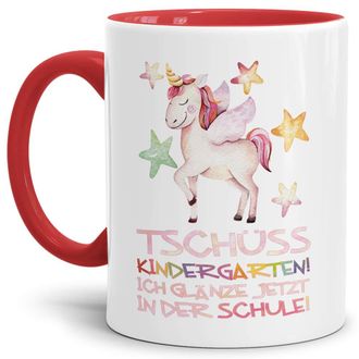 Tassendruck Einschulungs-Tasse Tsch&uuml;ss Kindergarten - ABC-Sch&uuml;tze/Schule/Kind / 1. Klasse/Geschenk zur Einschulung/Schul-klasse/Innen & Henkel Rot