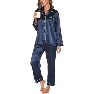 Generic Pyjama 2 pi&egrave;ces en soie pour femme, ensemble de pyjama 2 pi&egrave;ces en soie pour femme, v&ecirc;tement de nuit confortable, pyjama soyeux, bleu marine, XXL