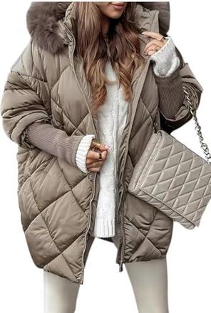 Minetom Manteau Femme Hiver Veste Matelass&eacute;e Parka Chaud Blouson Zipp&eacute; Manteaux &Agrave; Capuche Doudoune Mi Longue Jacket Casual Outercoat Avec Poches C Kaki XXL
