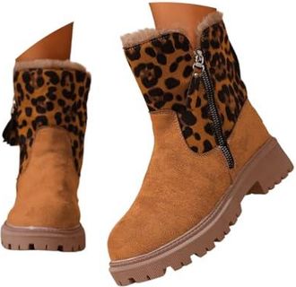 Minetom Chaussures Bottes dhiver en Cuir Femmes Courte Bottines De Neige avec Doublure Chaud Fourrure Fermeture B1 Léopard 37 EU