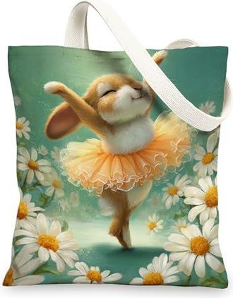 Generic Sac fourre-tout en toile motif lapin de ballet - Jolis sacs de courses réutilisables - Sacs légers à bandoulière - 33 x 38 cm