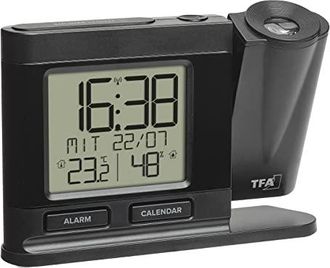 TFA Dostmann Projektionswecker Funk, 60.5017.01, Digitale Funkuhr, mit Netzteil, inkl Thermo-Hygrometer, dimmbar, Schlafzimmeruhr, schwarz, (L) 149 x (B) 38 x (H) 