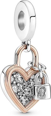 Pandora Herzschloss Doppelter Charm-Anhänger aus Sterling-Silber und 14 Karat Rosévergoldeter Metalllegierung mit Cubic Zirkonia, 780087C01
