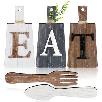 Jetec Schneidebrett Eat Schild Set Hängende Kunst Küche Eat Schild Gabel und Löffel Wand Dekoration Rustikales Primitives Land Bauernhaus Küchen Dekor für E