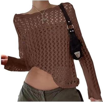 ORANDESIGNE Y2K Pull en Tricot à Manches Longues pour Femme Femme Y2k Crop Top Rayé Tricoté sans Bretelles Débardeur Sexy Dos Nu Tube Tops Haut Débardeur M Café X