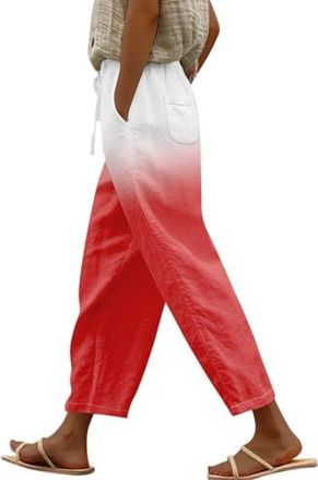 Generic Pantalon en coton et lin pour femme - Jambe large - Pantalon de plage d&eacute;t&eacute; pour femme - Confortable - Pantalon de yoga Palazzo XIYU26011, Rouge, 3XL