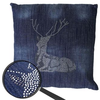 Mendler Deko-Kissen Hirsch, Sofakissen Zierkissen mit F&uuml;llung, blau Glitzersteine 45x45cm