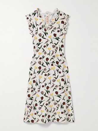 Marni Midikleid Aus Bedrucktem Crêpe Mit Rüschen - Weiß