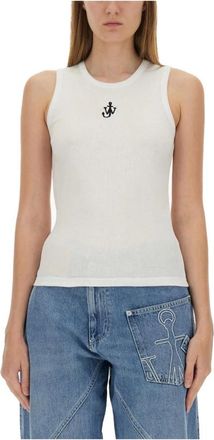 J.W.Anderson Femme, Tops, Blanc, Taille: 36 FR D&eacute;bardeur c&ocirc;tel&eacute; avec logo ancre