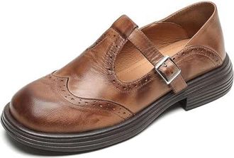 Generic Chaussures orthopédiques Mary Jane à talon épais en cuir souple avec sangle en T - Mocassins rétro à bout rond - Avec boucle réglable, marron, 10 UK W