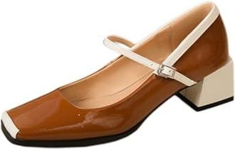 Generic Escarpins Vintage Mary Janes &agrave; Talon Moyen &agrave; Bout carr&eacute; en Cuir Verni pour Femme, JH179, Marron, 35.5 EU