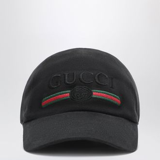 Gucci Baseballkappe aus schwarzer Baumwolle mit gesticktem Logo