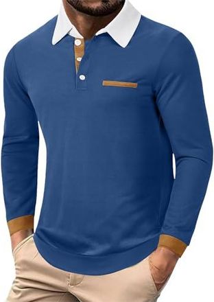 Generic Polo &agrave; manches longues pour homme - T-shirt de golf - T-shirt d&eacute;contract&eacute; pour grand-p&egrave;re - Avec poche poitrine contrast&eacute;e - Patchwork - D&eacute;contract&eacute; -