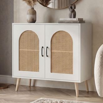 Mendler Kommode HWC-P51, Schrank mit T&uuml;ren Anrichte Stauf&auml;cher, Poly-Rattan MDF Melamin 79x80x40cm - wei&szlig;