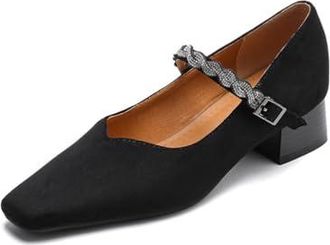 Generic Escarpins Mary Jane Femme Sangle Tressée Strass Bout Carré Daim Talons Épais Slip on Bureau Travail Robe Fête Chaussures,Noir,38.5 EU
