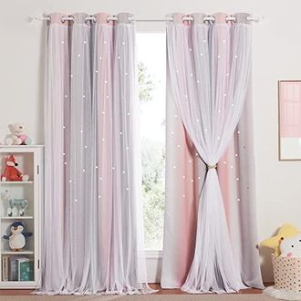 Nicetown Rideau Chambre Fille - Rideaux Voilage Double Draperies Décoration de Fenêtre avec Motif dEtoiles Perforée pour Maison Chambre, L132 x H240 cm, Rose G