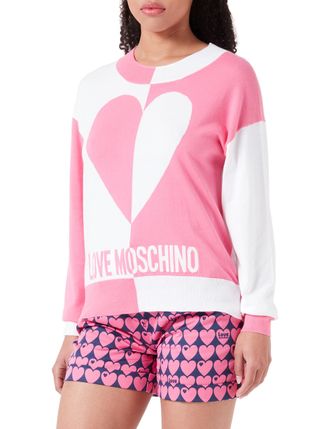 Love Moschino Long-Sleeved Roundneck Pullover in 100% Cotton, 14 Gauge, with Bicolor Intarsia and Seasonal Heart Pure Intarsia