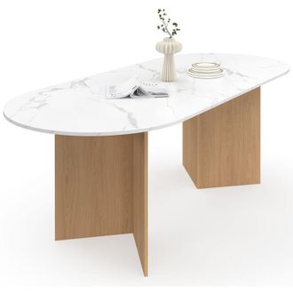 IDMarket Table &agrave; manger extensible ovale MARTHE 6 -10 personnes plateau marbre blanc ALASKA et bois fa&ccedil;on h&ecirc;tre 160-200 cm