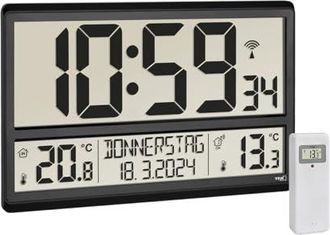TFA Dostmann Digitale XL Wanduhr, 60.4521.01, mit Außentemperatur, Innentemperatur, Wochentag (8 Sprachen), Funkuhr, Datum, schwarz, (L) 360 x (B) 235 x (H) 28 (84