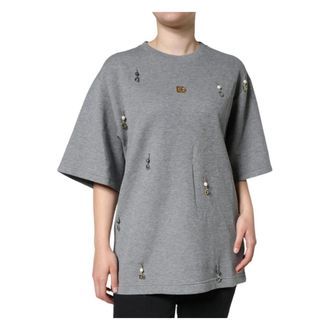 Dolce & Gabbana Graues verziertes Rundhals-T-Shirt - - Tops - Damen - Grau - XS