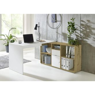 BMG M&ouml;bel BMG M&ouml;bel Eckschreibtisch Lena (mit abschlie&szlig;barer T&uuml;r, Winkelschreibtisch, Homeoffice, B&uuml;rotisch) in wei&szlig;/ Artisan Eiche