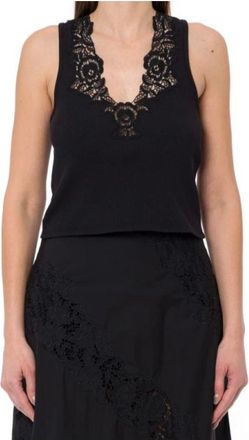 Twinset Femme, Tops, Noir, Taille: 40 FR D&eacute;bardeur en coton &agrave; col en V et bordure en dentelle