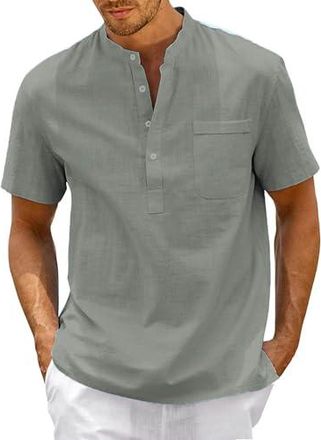 Generic Chemise en lin pour homme &agrave; manches courtes - Chemise d&eacute;t&eacute; en coton - Chemise de travail respirante avec boutonni&egrave;re - Chemise sur pied - Chemise surd