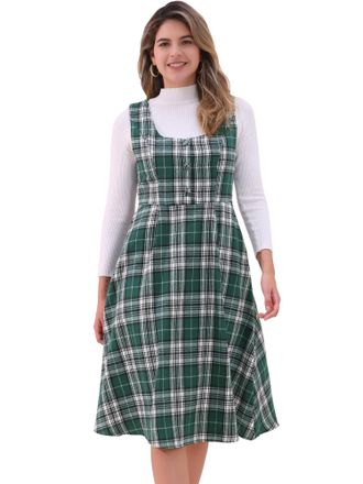Allegra K Damen Kariertes Vintage Kleid &Auml;rmellos Hohe Taille A-Linie Midi-Latzkleid mit Tasche Gr&uuml;n XL
