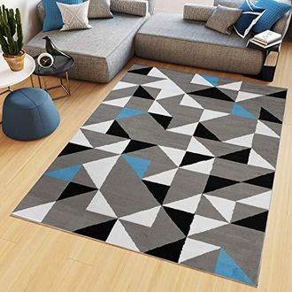 Tapiso Maya Tapis Poil Court Moderne Bleu Gris Blanc Noir G&eacute;om&eacute;trique Motif Mosa&iuml;que Triangle Tapis Salon Chambre Salle &agrave; Manger Adulte Bureau Oeko-TEX R&eacute;sis