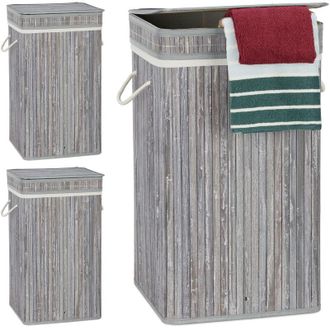 Relaxdays 3 x W&auml;schekorb Bambus, faltbar & tragbar, XL, 70l, mit Deckel, eckiger W&auml;schesammler, HxBxT: 63 x 36 x 36 cm, grau
