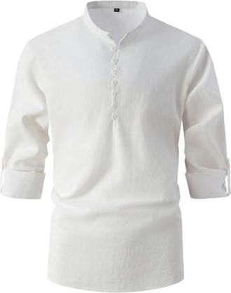 Generic Chemise &agrave; demi-boutons pour homme, chemise en coton et lin, chemises minimalistes de couleurs unies, chemises respirantes et polyvalentes, confortable