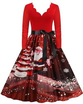 Generic Robe longue pour femme - Robe de soir&eacute;e &eacute;l&eacute;gante 2025 - Col en V - Manches longues - Imprim&eacute; irr&eacute;gulier - Avec ceinture - Tenue de No&euml;l, blanc, M