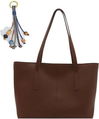 Generic Grand sac fourre-tout vintage pour femme, sac &agrave; bandouli&egrave;re en cuir v&eacute;g&eacute;talien, sac &agrave; main l&eacute;ger et d&eacute;contract&eacute; avec pendentif chic pour l&eacute;cole, le tr