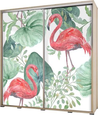 Selsey Flamingos - Kleiderschrank 2-t&uuml;rig Schiebet&uuml;ren mit Monstera-Flamingo-Motiv 205cm (Korpus in Sonoma Eiche)