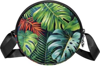 Generic Petit sac &agrave; bandouli&egrave;re rond pour femme, motif plantes tropicales, sac &agrave; dos avec fermeture &eacute;clair, bretelles r&eacute;glables, sac &agrave; main rond d&eacute;contract&eacute; p
