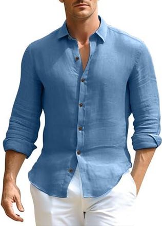 Generic Chemise formelle en lin &agrave; manches longues pour homme - Chemise boutonn&eacute;e en lin - Coupe ajust&eacute;e - Style d&eacute;contract&eacute; - Blanc - Col en V - T-shirt pour 