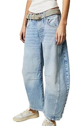 Generic Femmes Bucket Fer &agrave; Cheval Cheville Jeans Pantalons Taille Moyenne Ample Jambes Larges Boyfriend Bucket Jeans