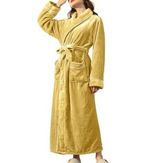 Generic Robe de chambre dhiver pour femme - Robe chaude et confortable &agrave; col ch&acirc;le avec poches, coupe droite, chemise de nuit dhiver &agrave; manches longues, jaune,