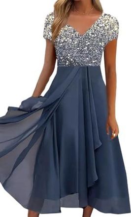 Generic Élégante et élégante robe longue en mousseline de soie, col en V pour femme, jupe longue en mousseline de soie, jupe longue GUE de mariage, blanc/bleu