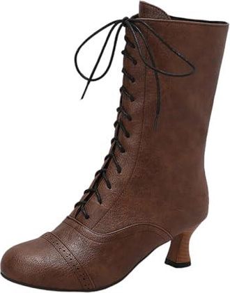 Generic Bottes &agrave; lacets pour femme - Bout rond - &Eacute;l&eacute;gantes - Style r&eacute;tro - Couleur unie - Similicuir - Confortables - Pour le bureau et les f&ecirc;tes, caf&eacute;, 36.5 