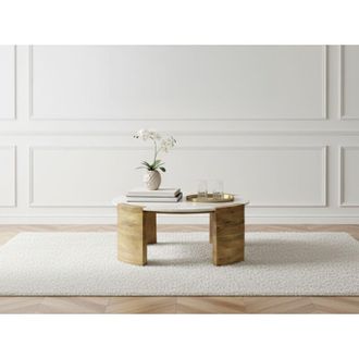 BOBOCHIC Table basse ronde D.85 cm TORVI plateau marbre et pieds bois massif de manguier clair
