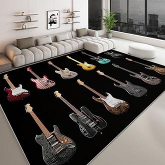 Generic Tapis Noir Lavable pour Salon, Tapis &agrave; Poils Courts Antid&eacute;rapant Pretty True Moderne Minimaliste Guitare pour Enfants Bureau Salle &agrave; Manger Cuisine et